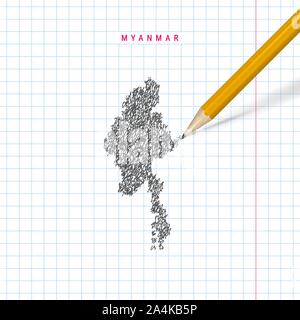 Myanmar map hand drawn sketch. Vector concept illustration flag ...