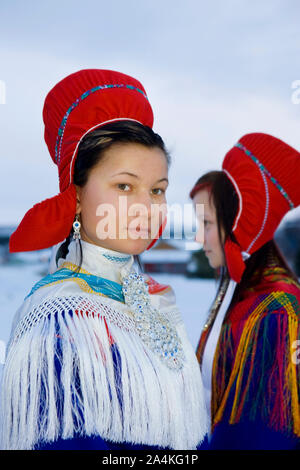 Portraits of young Laplander girls attending wedding. Lapp / Lapps ...