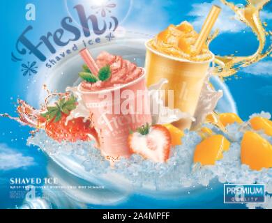 Strawberry and mango shaved ice ads with snow flakes effect in 3d ...