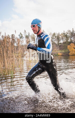 Man diving into lake person running on pier and dives into water Stock ...