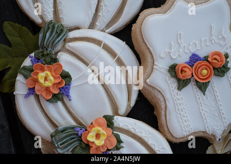 Fall pumpkin cookies decorated with royal icing Stock Photo - Alamy