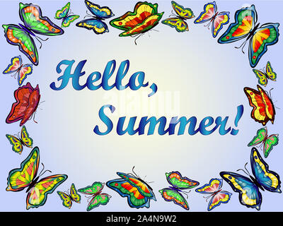 Round frame from vivid colorful butterflies on blue background ...