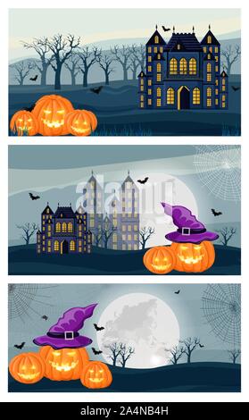 Halloween forest with castle, pumpkins, witch hat and spider web. Full ...