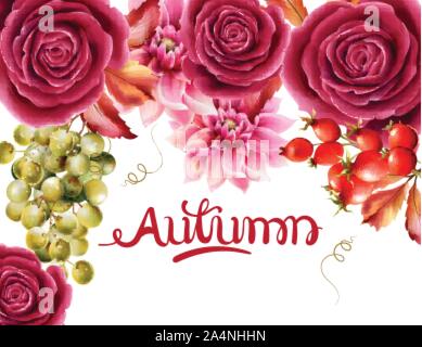 Watercolor rose flowers, grapes, berries and autumn leaves greeting ...