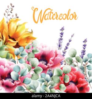 Colorful watercolor flowers greeting card vector. Bouquet Stock Vector ...