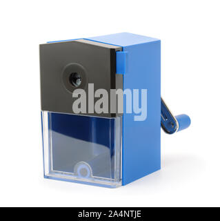 Blue plastic rotary pencil sharpener isolated on white Stock Photo - Alamy