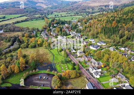 Aerial drone view of Callander town centre and the River Teith, The ...