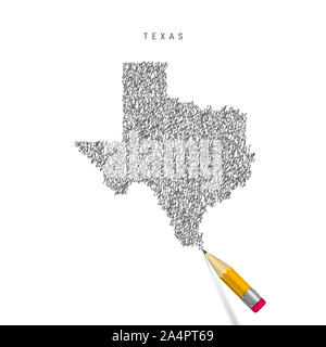 Texas US state map pencil sketch. Texas outline contour map with 3D ...