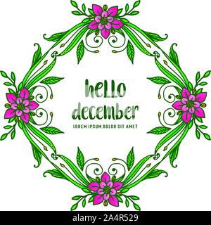 Calligraphy poster hello december, green leaves frame and pink flower ...