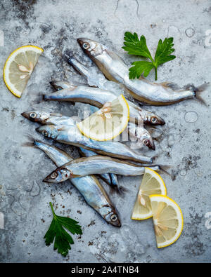 Fresh catch Shishamo fish fully eggs flat lay on shabby metal ...