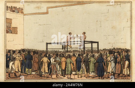 Regency gentlemen watching a boxing exhibition with pugilists wearing ...