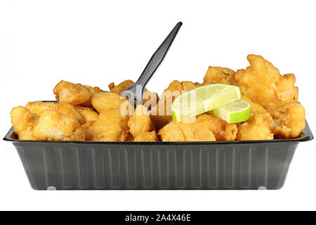 Kibbeling in a plastic tray isolated on white background. Kibbeling is ...