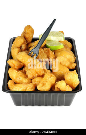 Plastic bowl with traditional Dutch kibbeling, deep fried fish, and ...