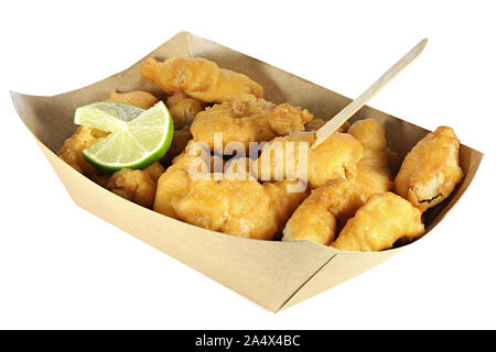 Kibbeling in a cardboard tray isolated on white background. Kibbeling ...