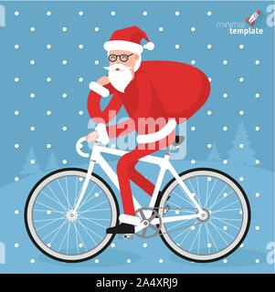 Happy Santa Claus riding a bicycle in the city street and carrying a ...