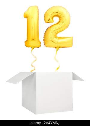 Number 12 birthday celebration gold balloon with presents. 3D Render ...