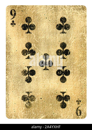 Nine of clubs playing card, isolated on white background. Scanned at ...