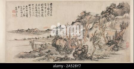 Chinese painting, spring landscape in the mountains above the river ...