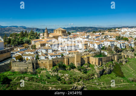 Ronda Spain aerial view of medieval hilltop town surrounded by walls ...