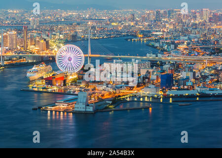 Osaka sea port at Osaka Bay, aerial view of cranes and containers ...