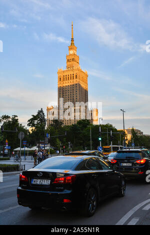 WARSHAW, POLAND - JUNE 29, 2018. Night view and street transportation ...