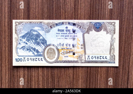 Nepali bank note or Nepali currency of Rupees 500 denomination top down ...
