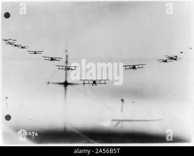 View from airplane of biplanes flying in formation- Frontal view of ...
