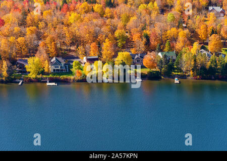 Coaticook, CA - 13 October 2019: View over Lyster Lake from the top of ...