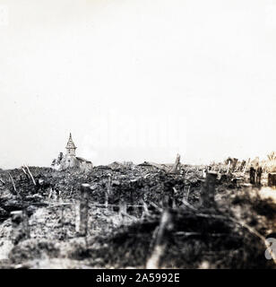 German shells falling on a church in Rambucourt, France. This ...
