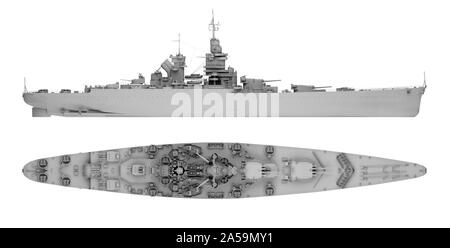 warship in gray side view and top view isolated on white. 3d rendering ...