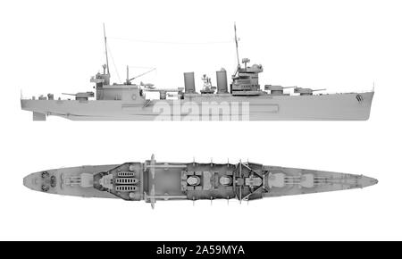 warship in gray side view and top view isolated on white. 3d rendering ...