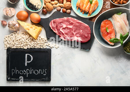 Foods highest in phosphorus. Healthy eating concept. Top view Stock ...