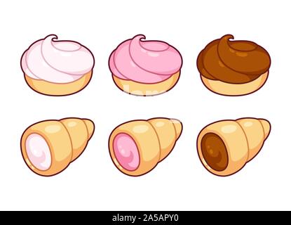 Choux pastry with whipped cream filling, sweet buns set. Cartoon vector ...