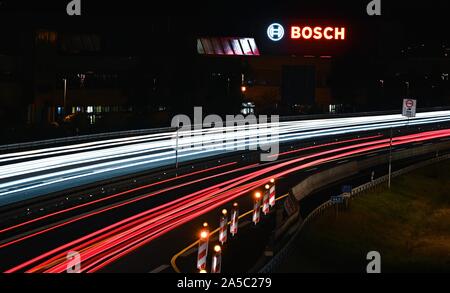 Bamberg, Germany. 19th Oct, 2019. The Brose factory is brightly lit at ...