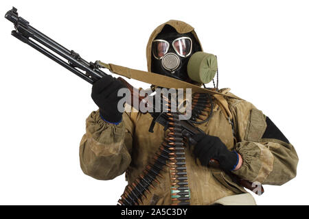post-apocalyptic warrior in gas mask with machine gun isolated on white ...
