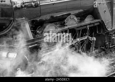 Close up of the wheel of the Flying Scotsman on the tracks at London ...