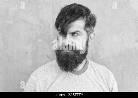 Long hair. Cut bangs. Cool hipster with beard need haircut. Barber ...