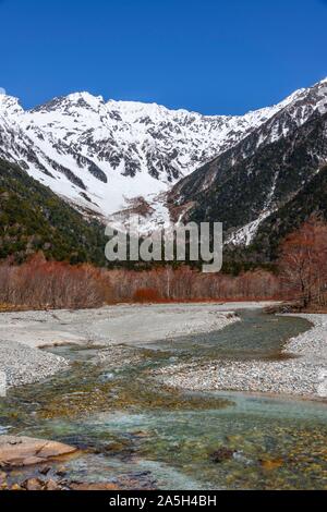 Hotaka mountain range and azusa river in spring at kamikochi national ...