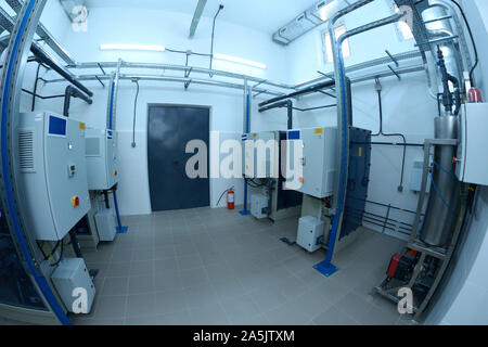 Electrolysis units set in the hall of the disinfecting water at the ...