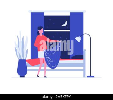 Making bed isolated cartoon vector illustration. Smiling mom fixing ...