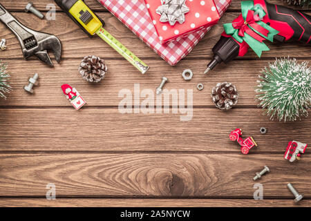 Merry Christmas Handy Tools Christmas Gift concept. Hammer, adjustable ...