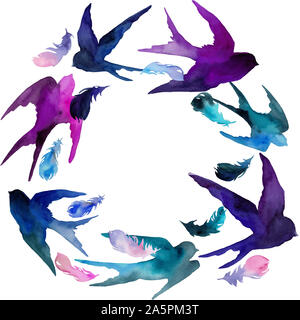 Watercolor frame with colorful feathers on white background Stock Photo ...