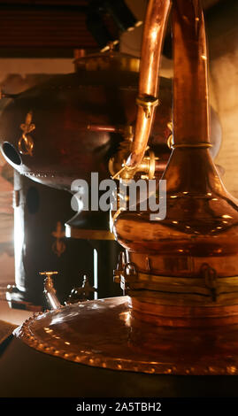 medieval traditional distiller, cube made from copper production of ...