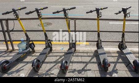 Seoul, Korea - Oct 2019: Shared electric scooters standing on the ...