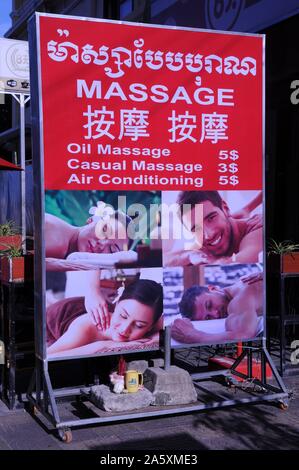 Trilingual massage sign near the riverside, Phnom Penh, Cambodia ...