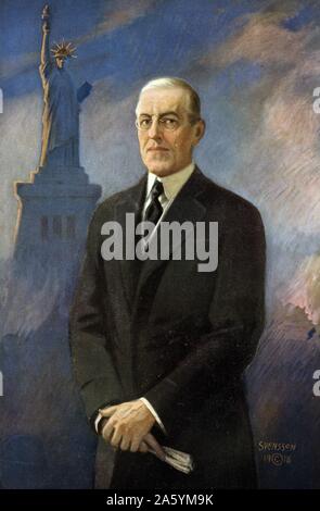 Woodrow Wilson with Statue of Liberty in background. Wilson was the ...