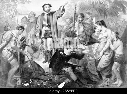 Illustration depicting Christopher Columbus among Indians by Turgis Vve ...
