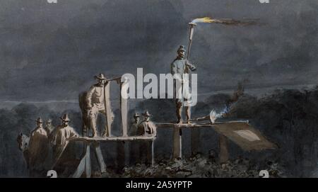 The Civil War. Night signalling by torches across the James River ...