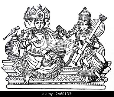Brahma (the Hindu creator god) depicted with 4 faces, together with his ...