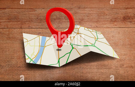 Wooden Map Pointer Destination Pin on an old map extreme closeup. 3d ...
